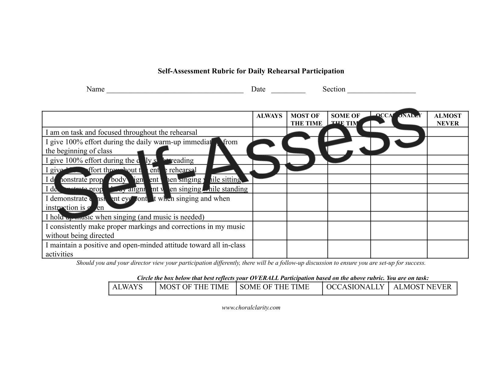 Self-Assessment Rehearsal Participation Rubric(s)